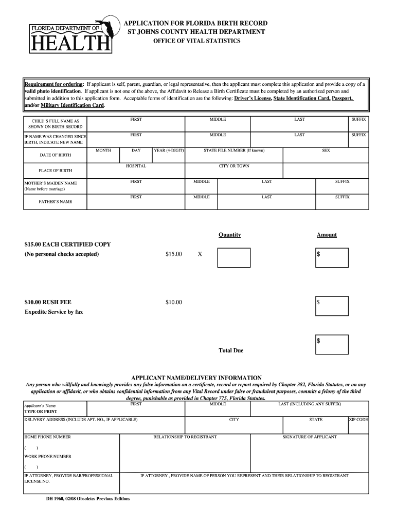 Fillable Online Application for florida birth record st johns county ...