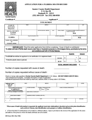 Fillable Online APPLICATION FOR A FLORIDA DEATH RECORD Sumter County ...