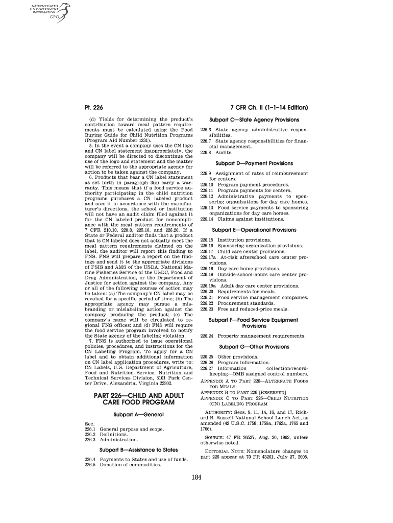 Fillable Online 184 part 226 child and adult care food program ...