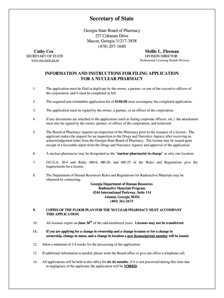 Fillable Online sos ga Nuclear pharm infor sheet app.5-2003 - Georgia Secretary of State - sos ...