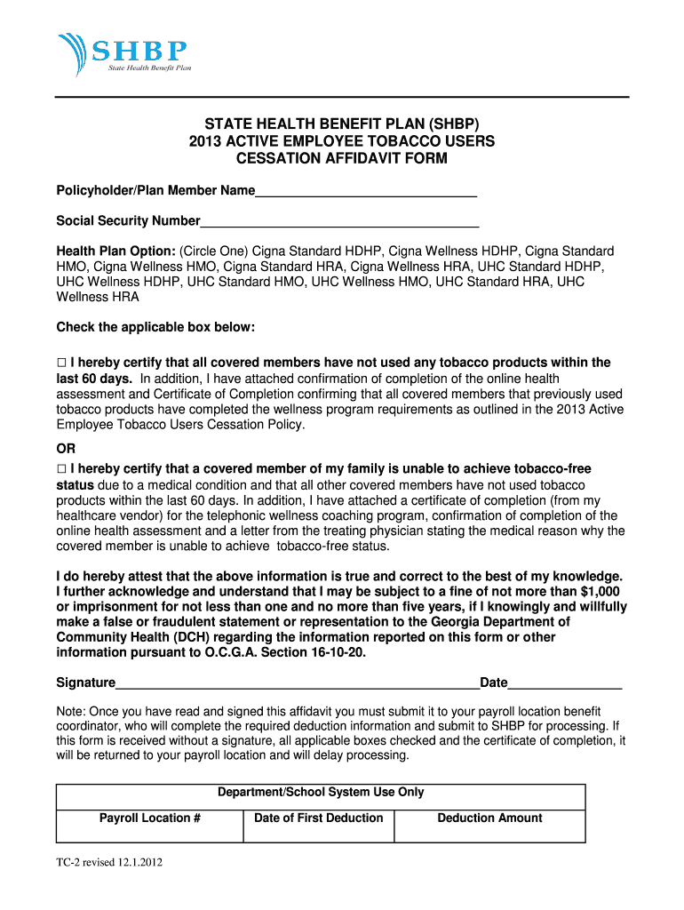 Fillable Online dch georgia STATE HEALTH BENEFIT PLAN (SHBP) 2013 ...