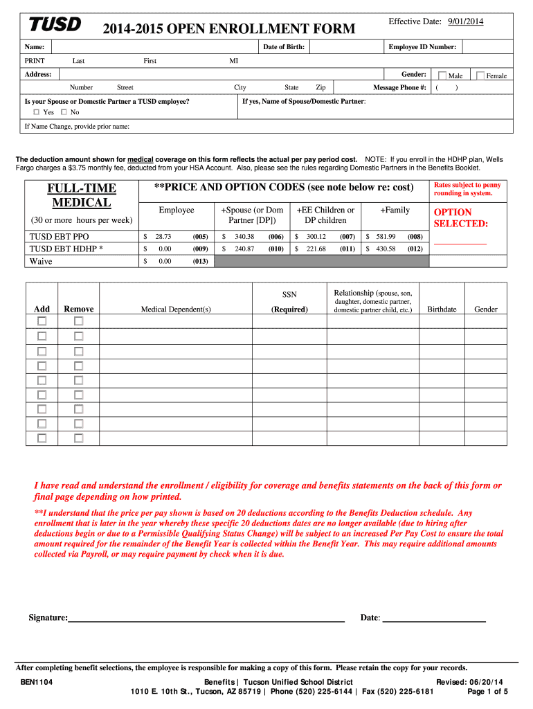 Fillable Online tusd1 2014-2015 open enrollment form - Tucson Unified ...