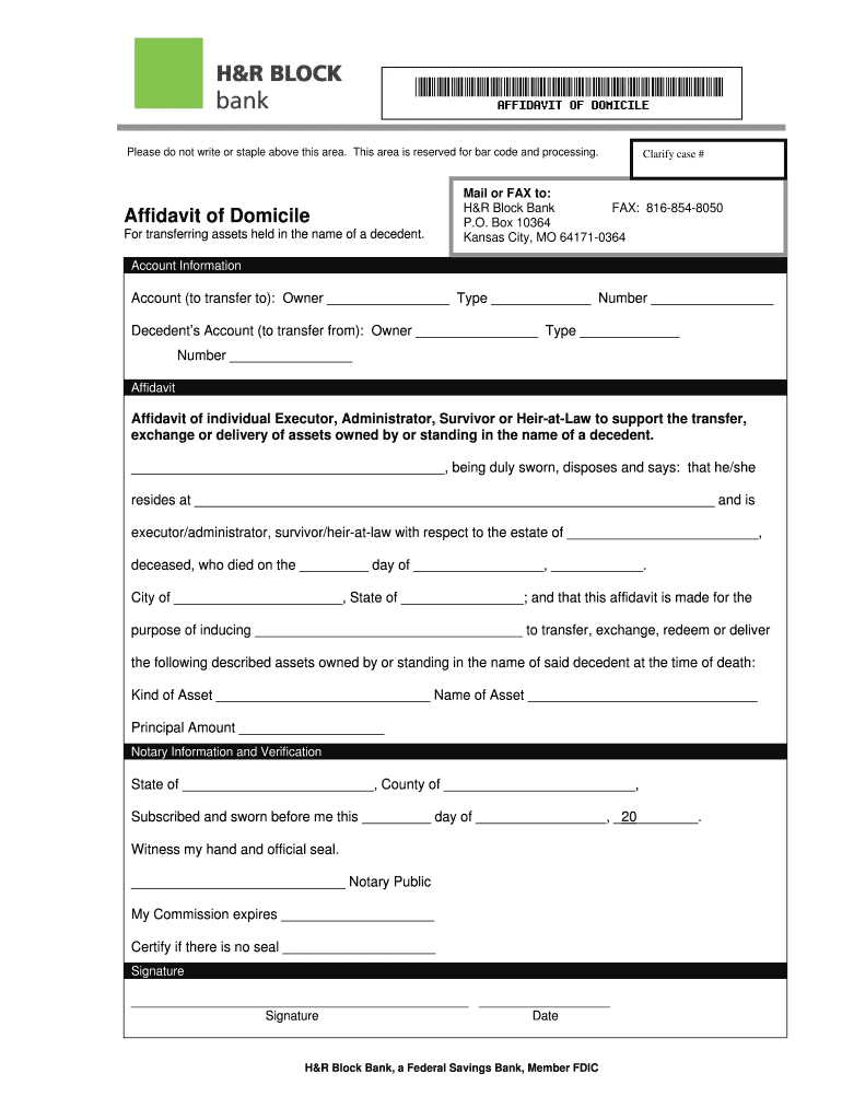Fillable Online Affidavit of Domicile - H&R Block Fax Email Print ...