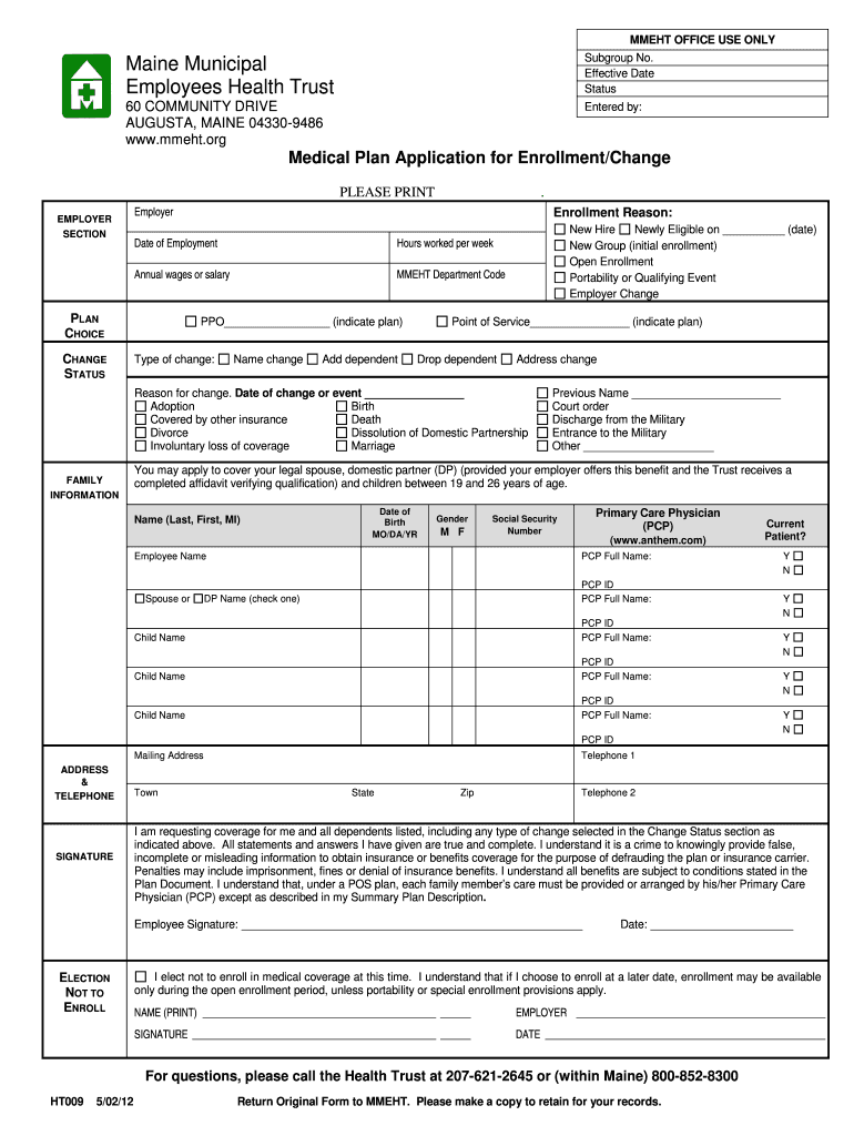 Fillable Online Health Enrollment / Change Form - Town of Chebeague Island Fax Email Print ...