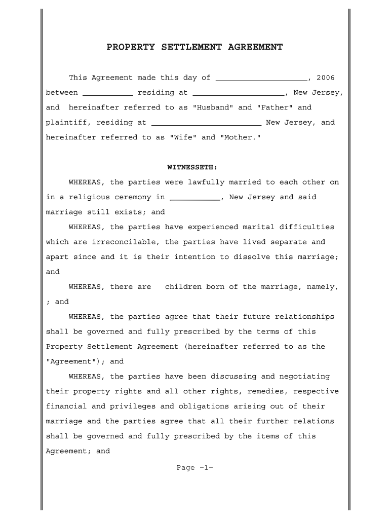Fillable Online PROPERTY SETTLEMENT AGREEMENT Fax Email Print - pdfFiller
