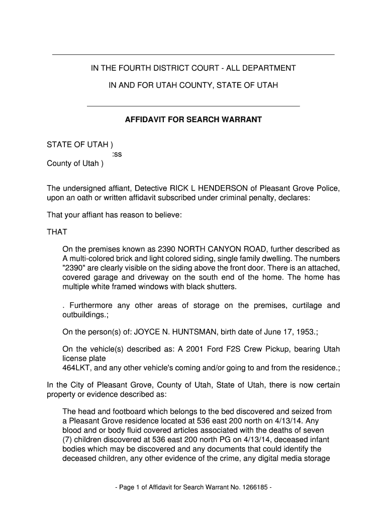 Fillable Online Affidavit for Search Warrant No. 1266185 Fax Email ...