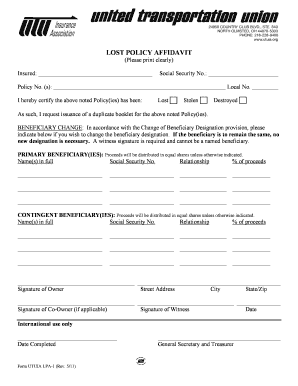 Fillable Online utuia UTUIA Lost Policy Affidavit - utuia Fax Email ...