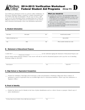 Fillable Online wartburg 2014-2015 Verification Worksheet Federal Student Aid Programs (Group V4 ...