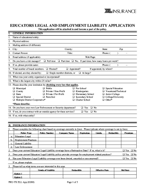 Fillable Online EDUCATORS LEGAL AND EMPLOYMENT LIABILITY APPLICATION ...