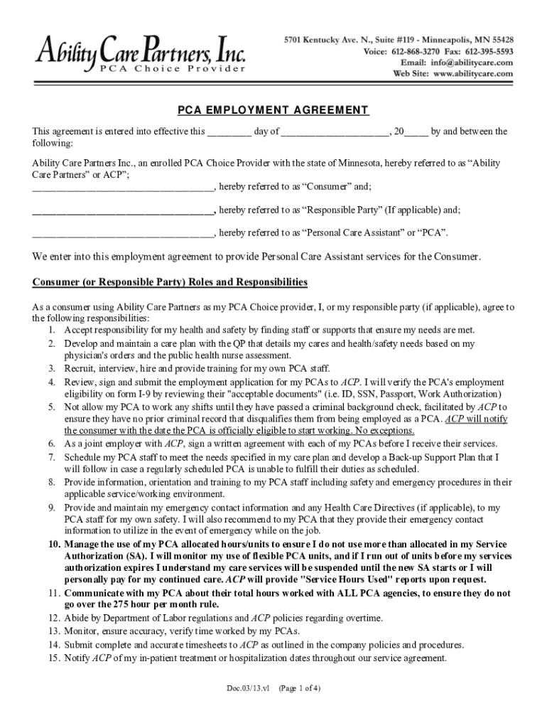 Fillable Online PCA Choice Service Agreement - Ability Care Partners ...