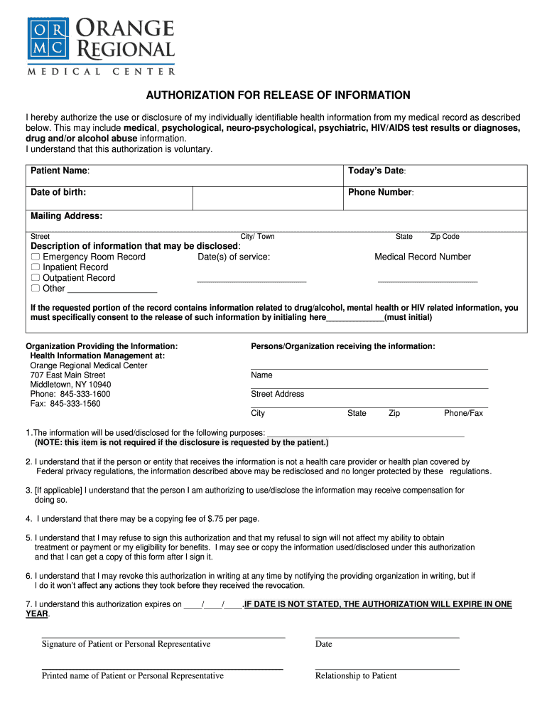 Fillable Online I hereby authorize the use or disclosure of my individually identifiable health ...