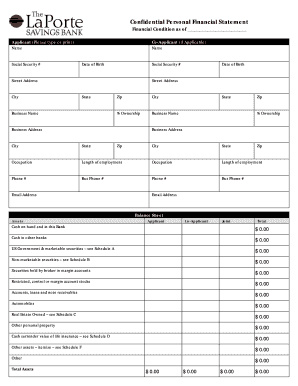 Fillable Online Personal Financial Statement Form - The La Porte ...