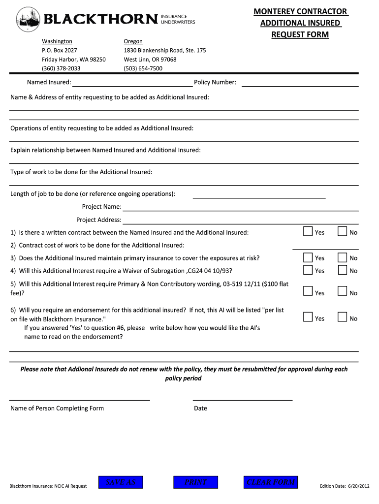 Fillable Online Monterey Additional Insured Request - Blackthorne ...