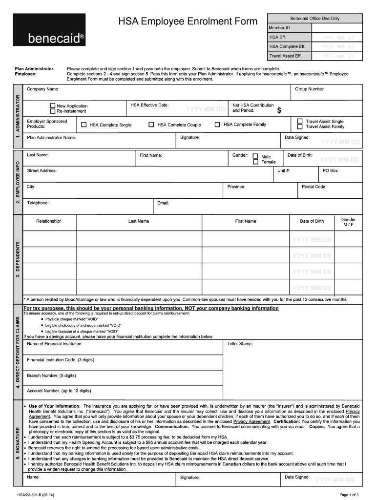 Fillable Online HSA Employee Enrolment Form Download - Benecaid Fax ...