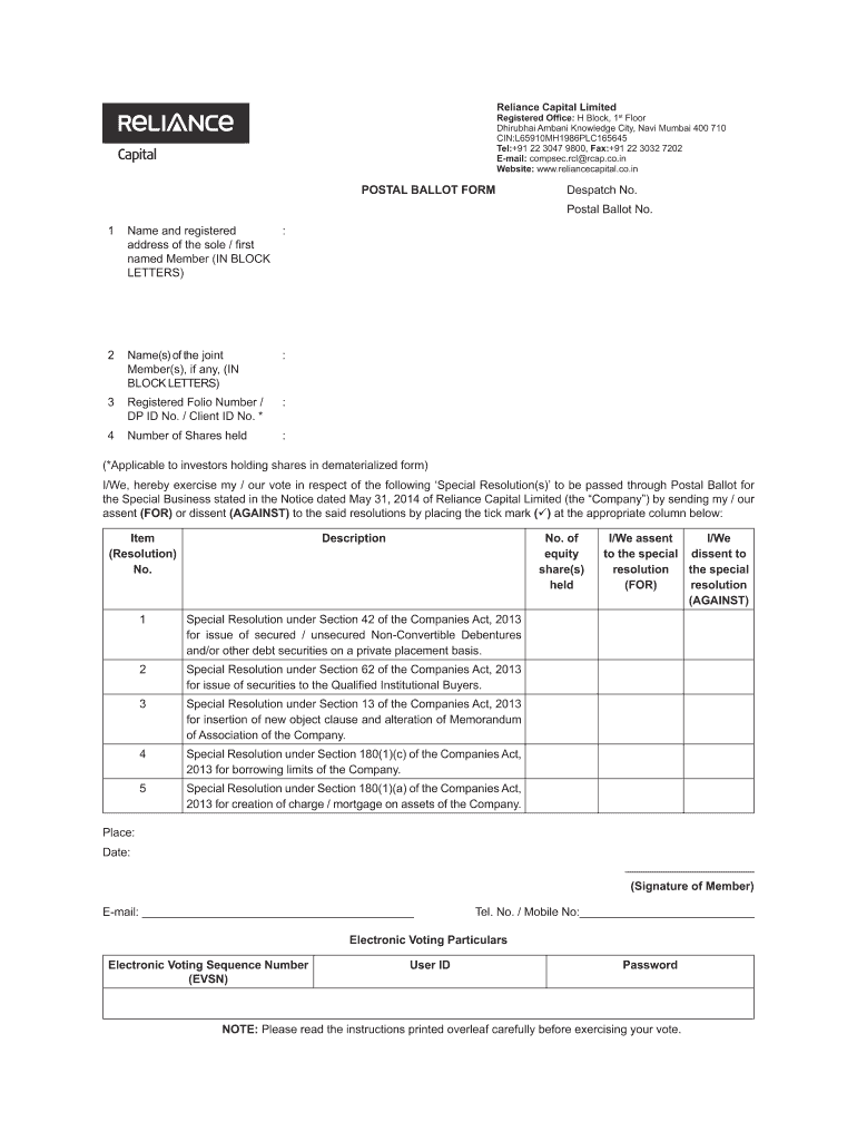 Fillable Online Postal Ballot Form - Reliance Capital Fax Email Print ...