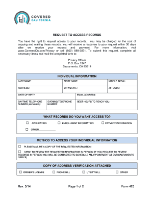 Fillable Online Rev. 3/14 Page 1 of 2 Form 425 REQUEST TO ACCESS ...