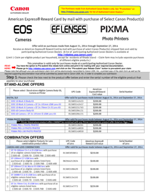 Fillable Online American Express Reward Card by mail with purchase of Select Canon Product(s ...