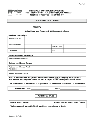 Fillable Online middlesexcentre on Road Entrance Permit - Township of ...
