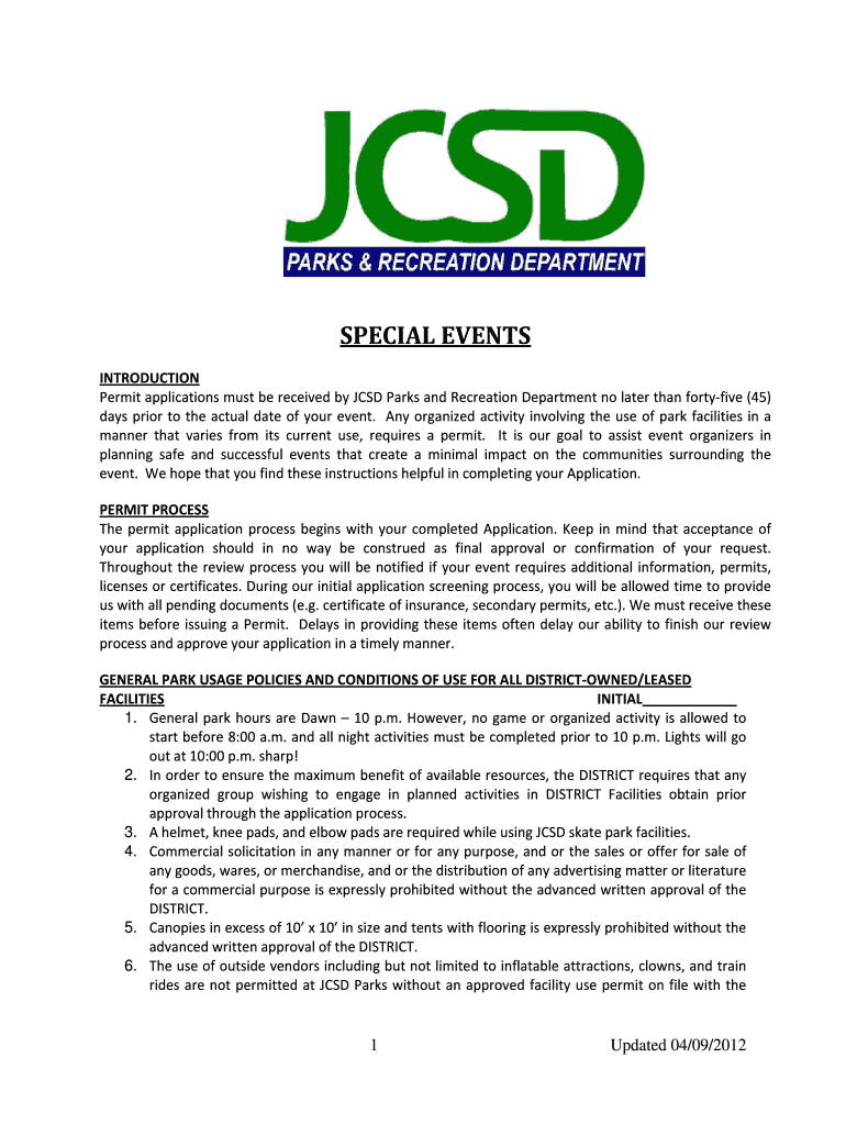 Fillable Online SPECIAL EVENTS APPLICATION approved 04092012 --WINWORD ...