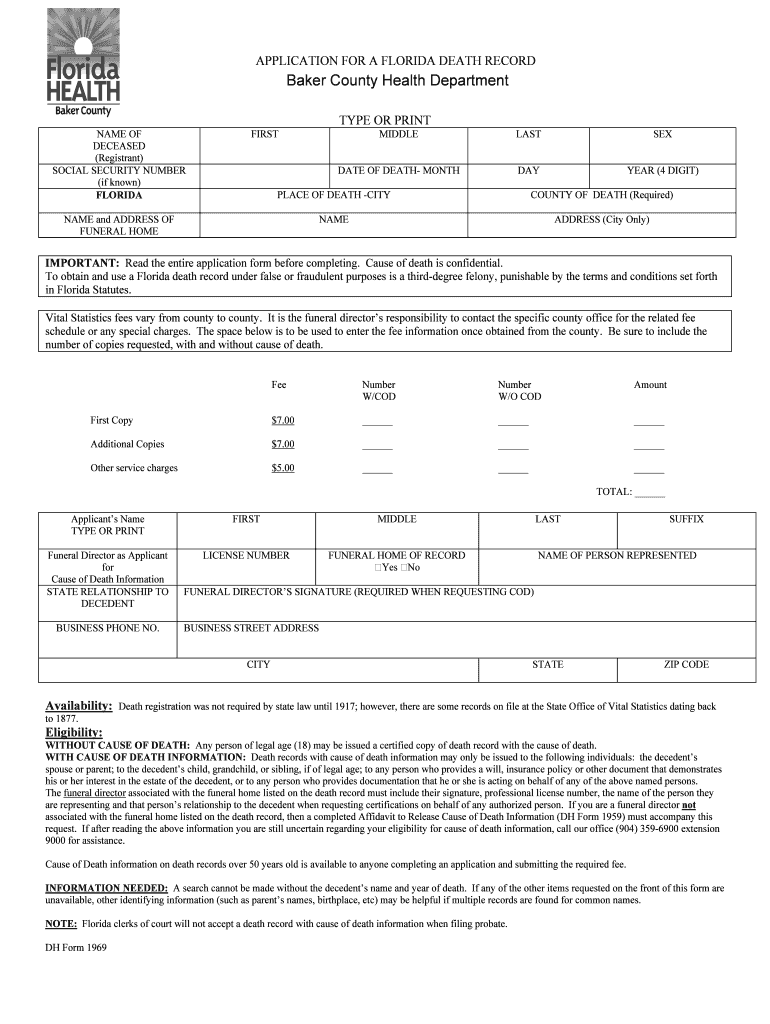 Fillable Online APPLICATION FOR A FLORIDA DEATH RECORD.doc Fax Email ...