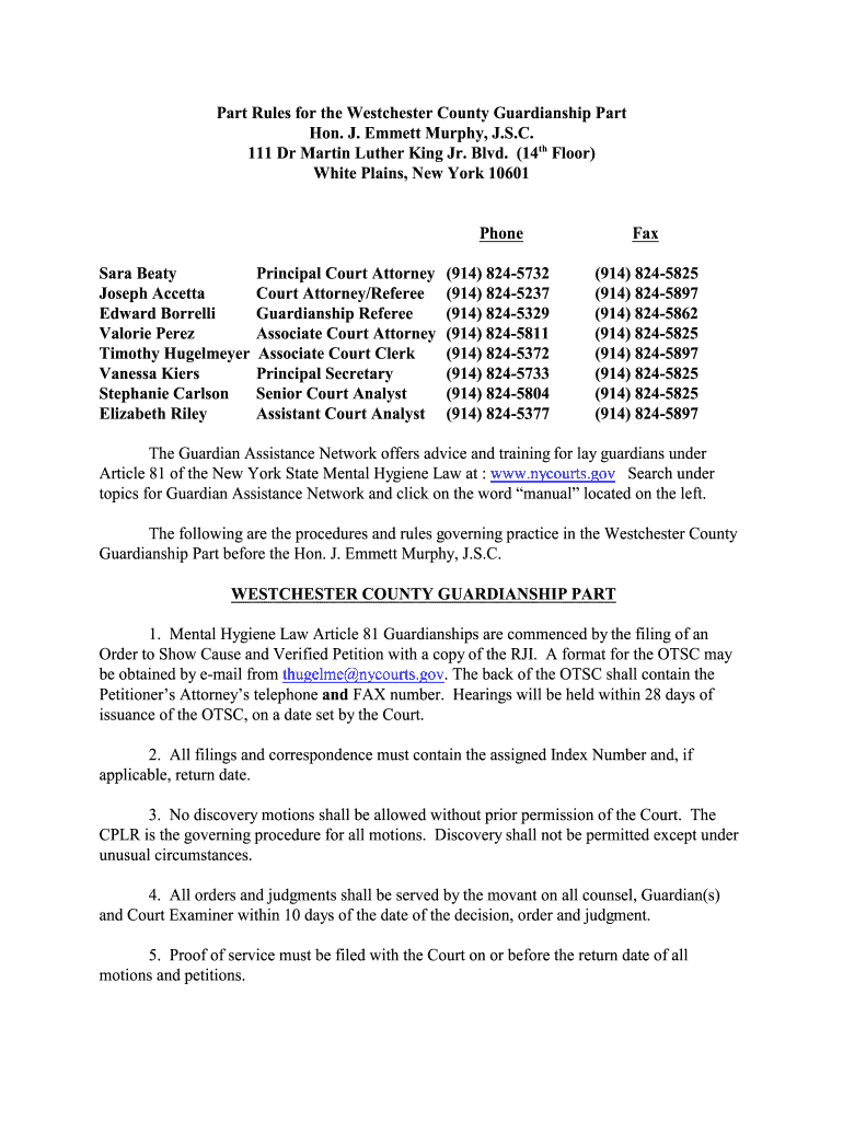 Fillable Online Part Rules for the Westchester County Guardianship Part ...