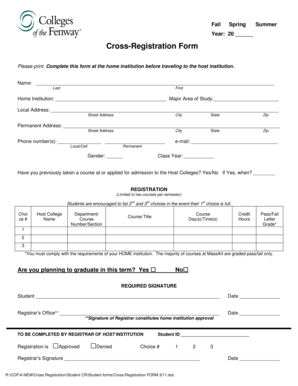 Fillable Online Cross-Registration Form - Colleges of the Fenway Fax ...