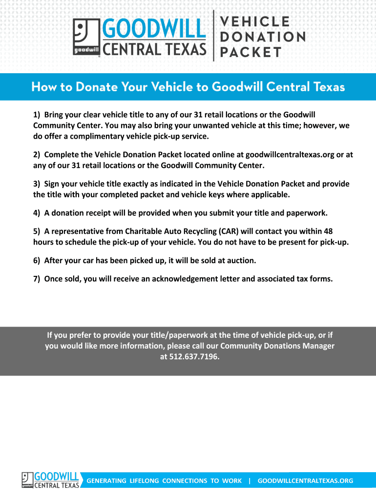 Fillable Online Vehicle Donation Packet - Goodwill Industries of ...