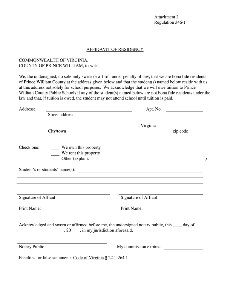 Affidavit Of Residency For Prince William School Fillable Form 