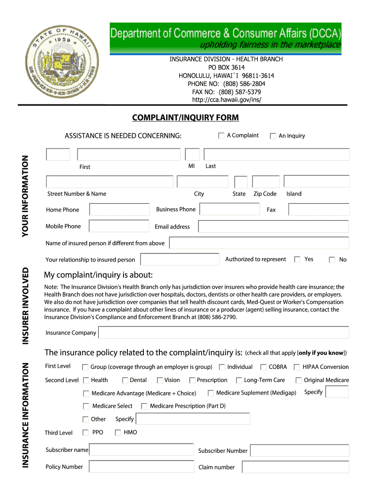 Fillable Online Health Complaint Form - Hawaii.gov Fax Email Print ...
