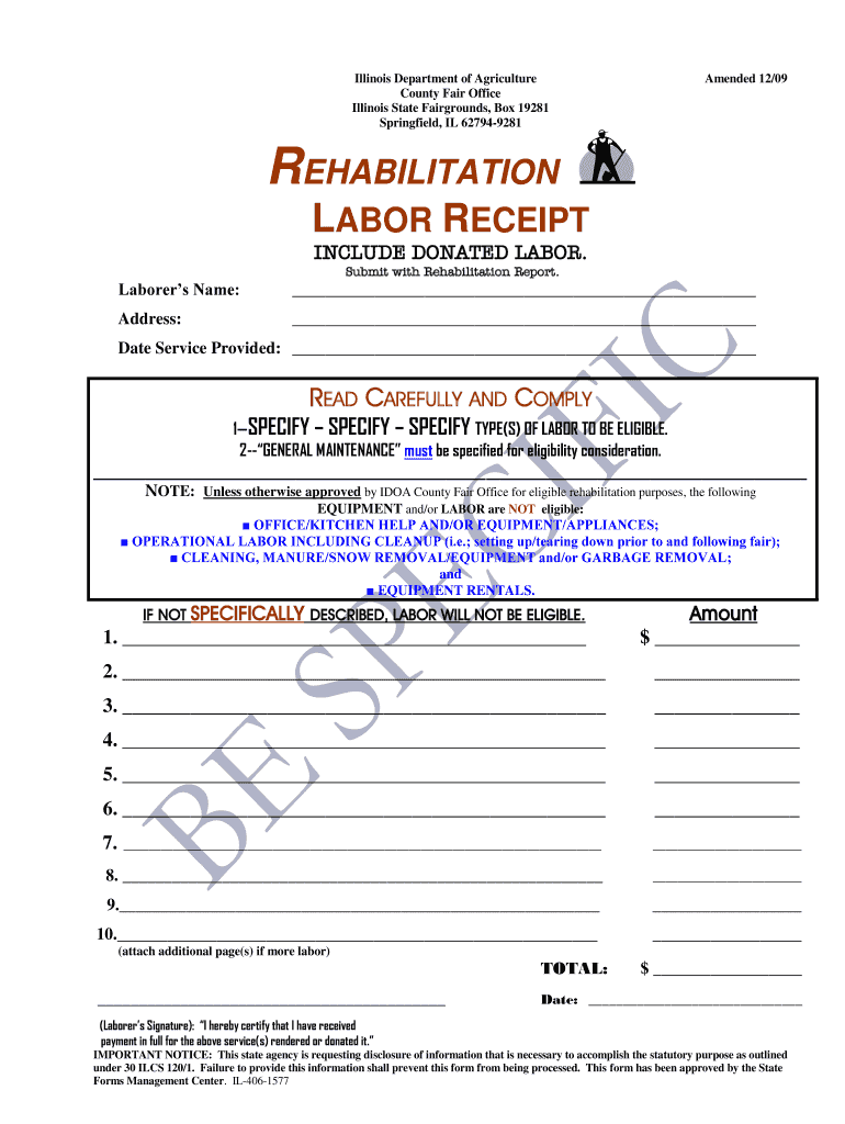 Fillable Online agr state il Rehabilitation Labor Receipt - Illinois ...