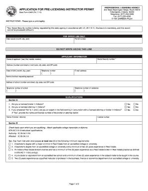 Fillable Online in APPLICATION FOR PRE-LICENSING INSTRUCTOR PERMIT - IN ...
