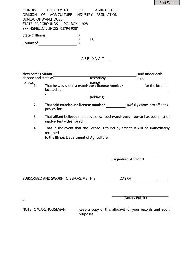 Fillable Online agr state il Affidavit - Lost Warehouse License ...