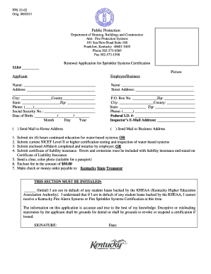 Fillable Online dhbc ky Application Sprinkler Renewal - Department of Housing, Buildings ...