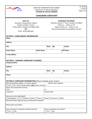 Fillable Online transportation ky Consumer Complaint - Kentucky ...