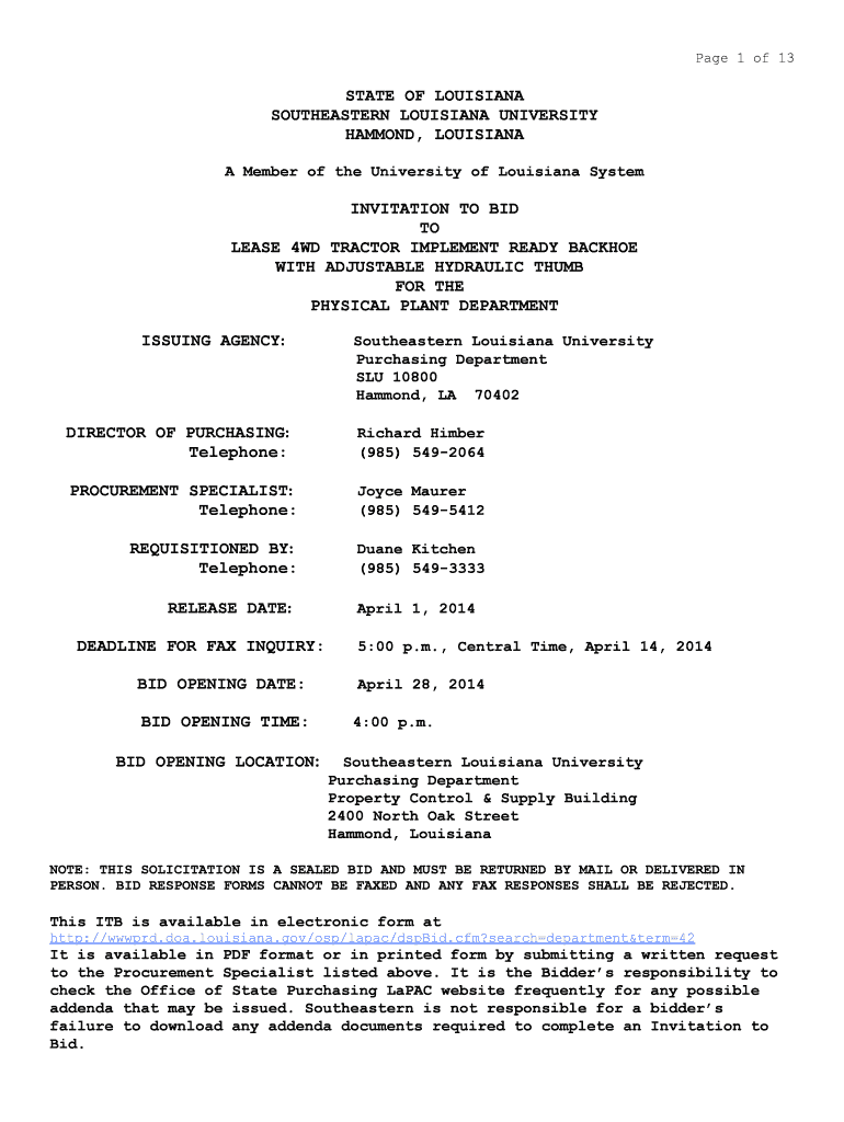 Fillable Online Page 1 of 13 STATE OF LOUISIANA SOUTHEASTERN LOUISIANA UNIVERSITY HAMMOND ...