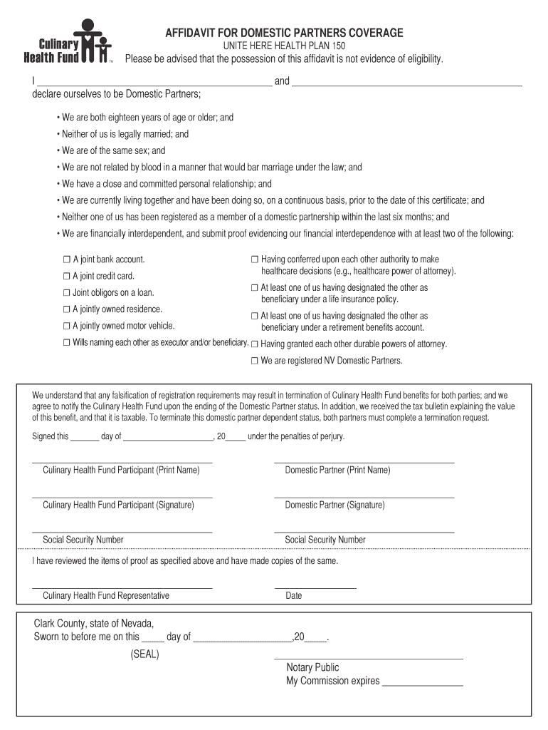 Fillable Online culinaryhealthfund AffidAvit fOR dOMEStiC PARtNERS ...