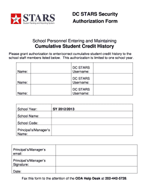 Fillable Online dcstars k12 dc DC STARS Security Authorization Form ...