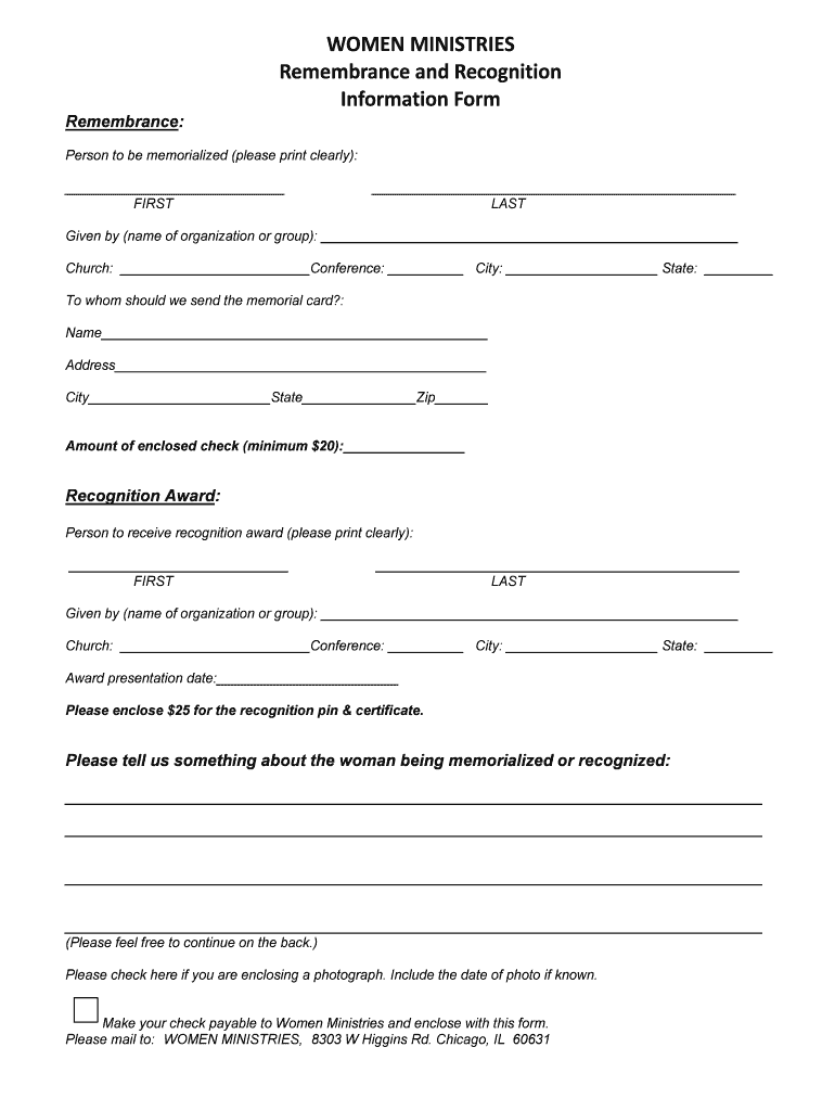 Fillable Online covchurch WOMEN MINISTRIES Remembrance and Recognition Information Form ...