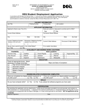 Fillable Online michigan DEQ Student Employment Application - State of ...