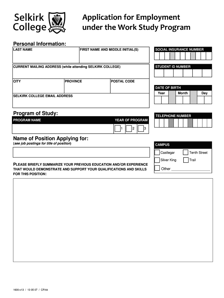 Fillable Online selkirk Work study application form - Selkirk College ...