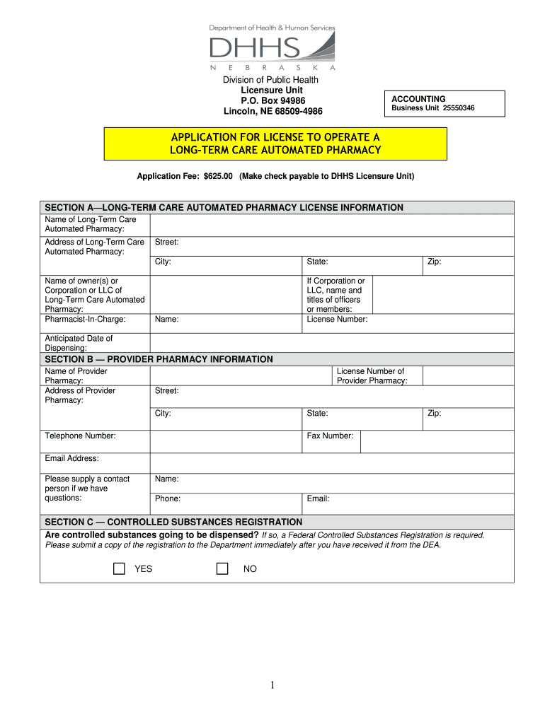 Fillable Online dhhs ne 1 APPLICATION FOR LICENSE TO OPERATE A LONG ...