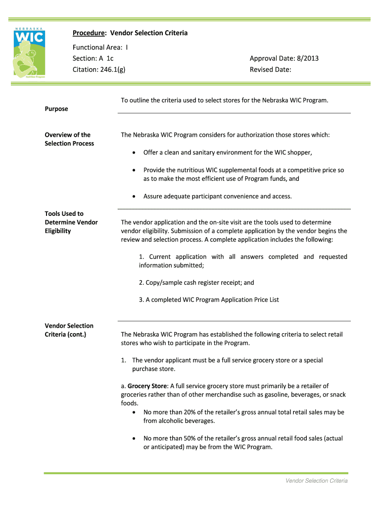 Fillable Online Procedure: Vendor Selection Criteria Fax Email Print ...