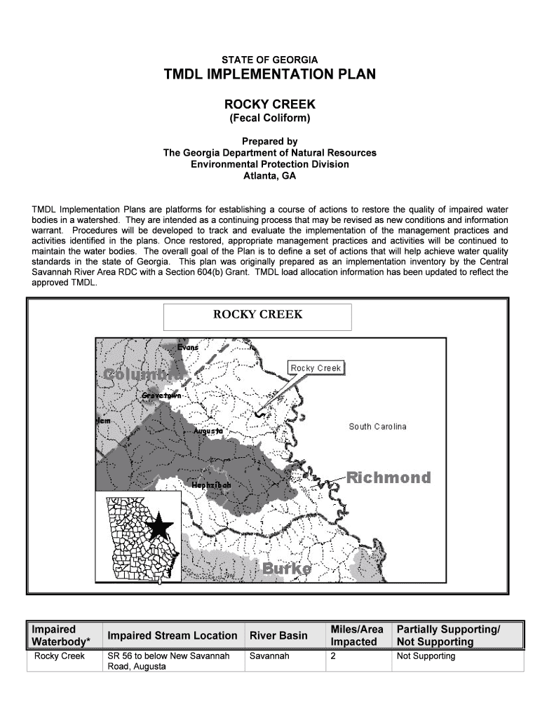 Fillable Online STATE OF GEORGIA TMDL IMPLEMENTATION PLAN ROCKY CREEK ...