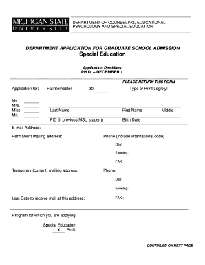 Fillable Online educ msu DEPARTMENT APPLICATION FOR GRADUATE SCHOOL ...