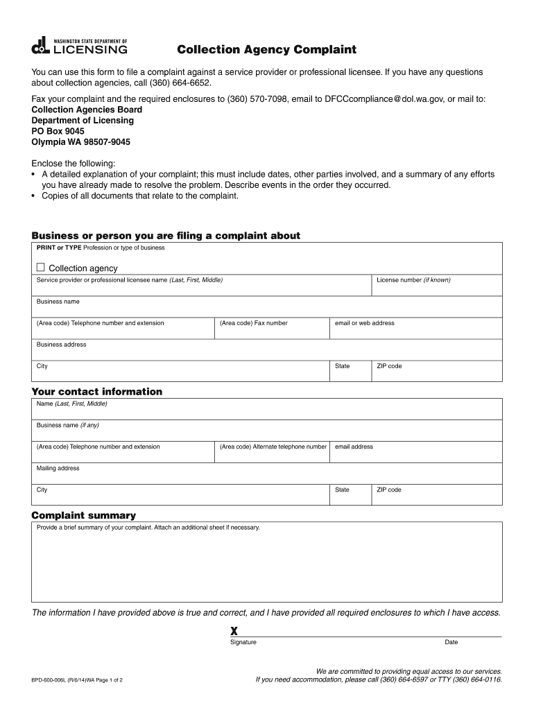 Fillable Online dol wa Collection Agency Complaint - Washington Department of Licensing Fax ...