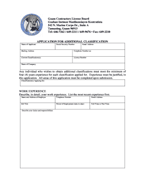 Fillable Online Application for Additional Classification - Guam Contractors License ... Fax ...