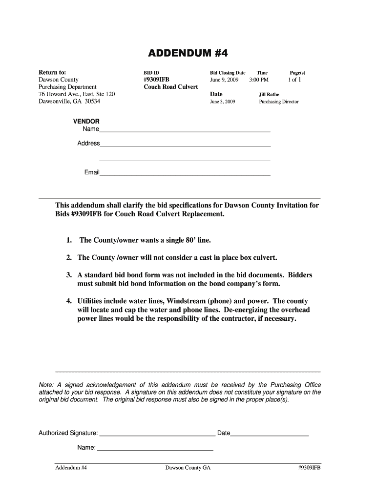 Fillable Online dawsoncounty ADDENDUM 4 Couch Road - Dawson County ...