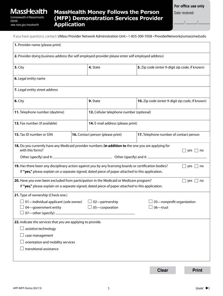 Fillable Online MassHealth Money Follows the Person Date received: (MFP ...