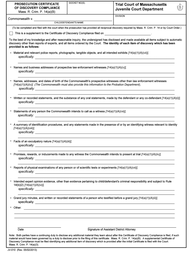 Fillable Online PROSECUTION CERTIFICATE DOCKET NO(S). Trial Court of ...