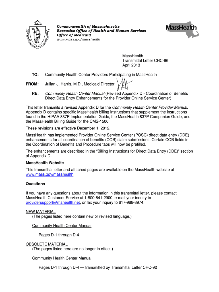 Fillable Online MassHealth Transmittal Letter CHC-96 April 2013 TO ...
